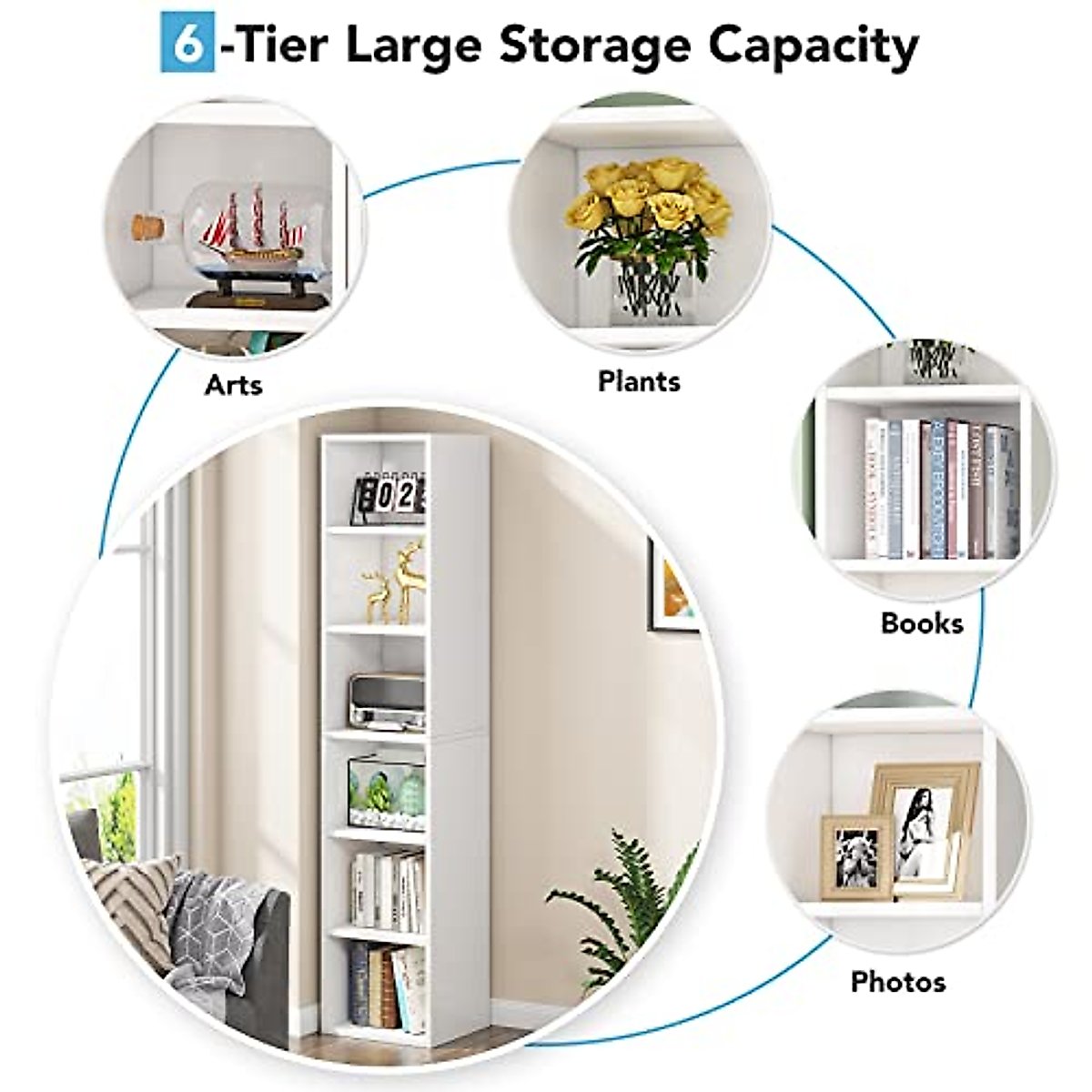 LITTLE TREE 70.9 Inch Tall Narrow Bookcase, Corner Bookshelf 6 Tier Cube Display Shelf Storage Organizer for Small Space
