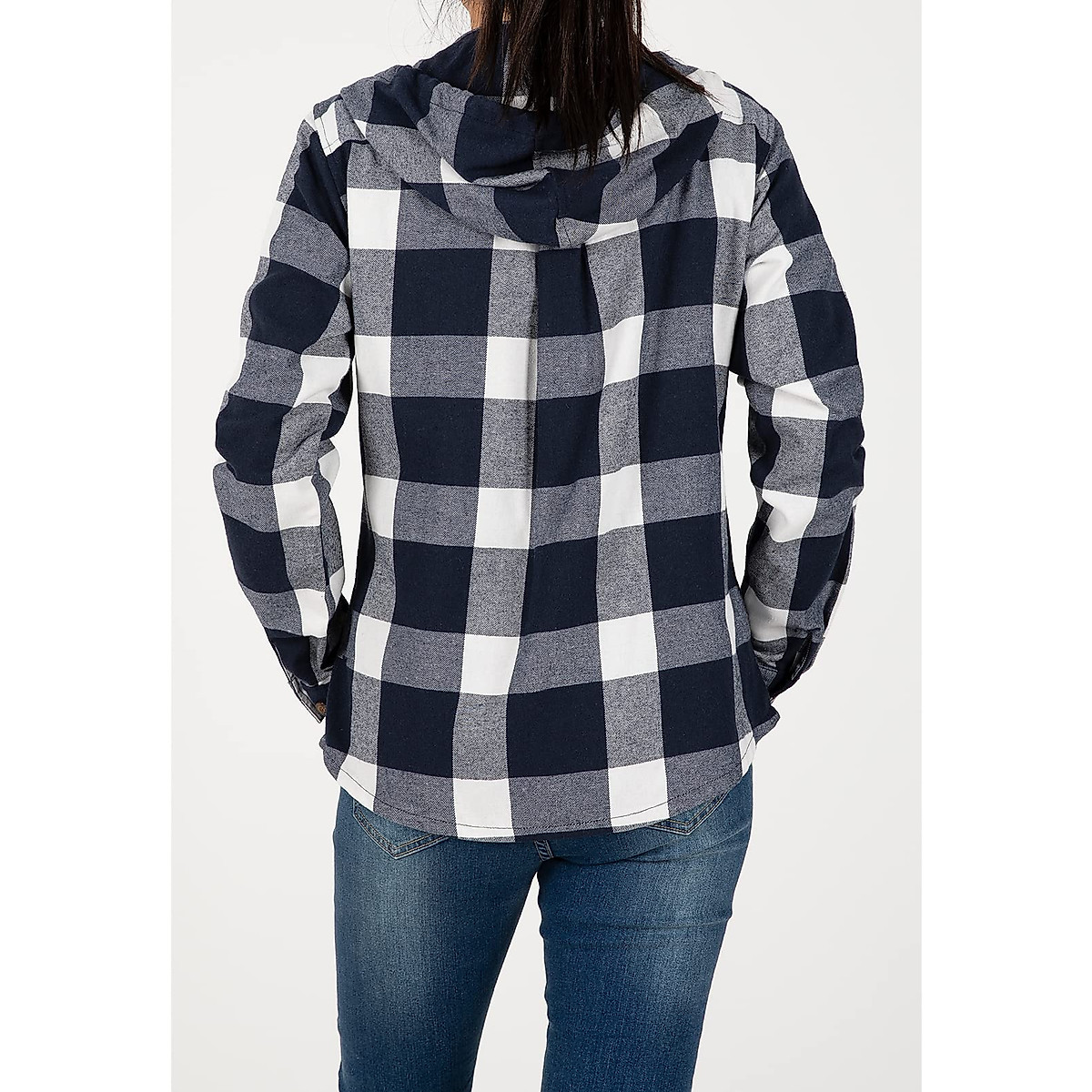 ZENTHACE Plaid Flannel Shirts for Women Hooded Flannel Shirt Oversized Zip Up Flannel Hoodies Fall Flannel Shacket Blue White S