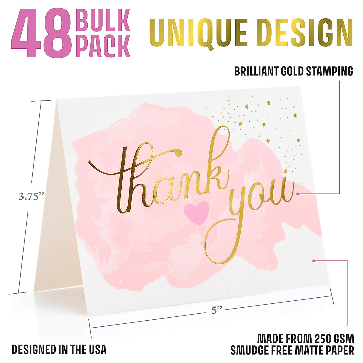 Thank You Cards with Envelopes (Set of 48) | Great for Baby Shower, Bridal Shower, Wedding, Parties & More | Thank You Notes Gold Foil Stamped Premium Cardstock with Pink Blush Watercolor Design