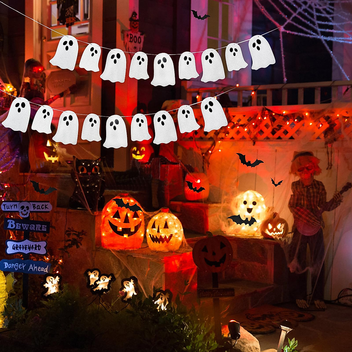 2pack Glittery Halloween Ghost Banner with 24pcs 3D Scary Bat Stickers for Halloween Decoration Haunted Houses Doorways Indoor Outdoor Mantel Wall Decor