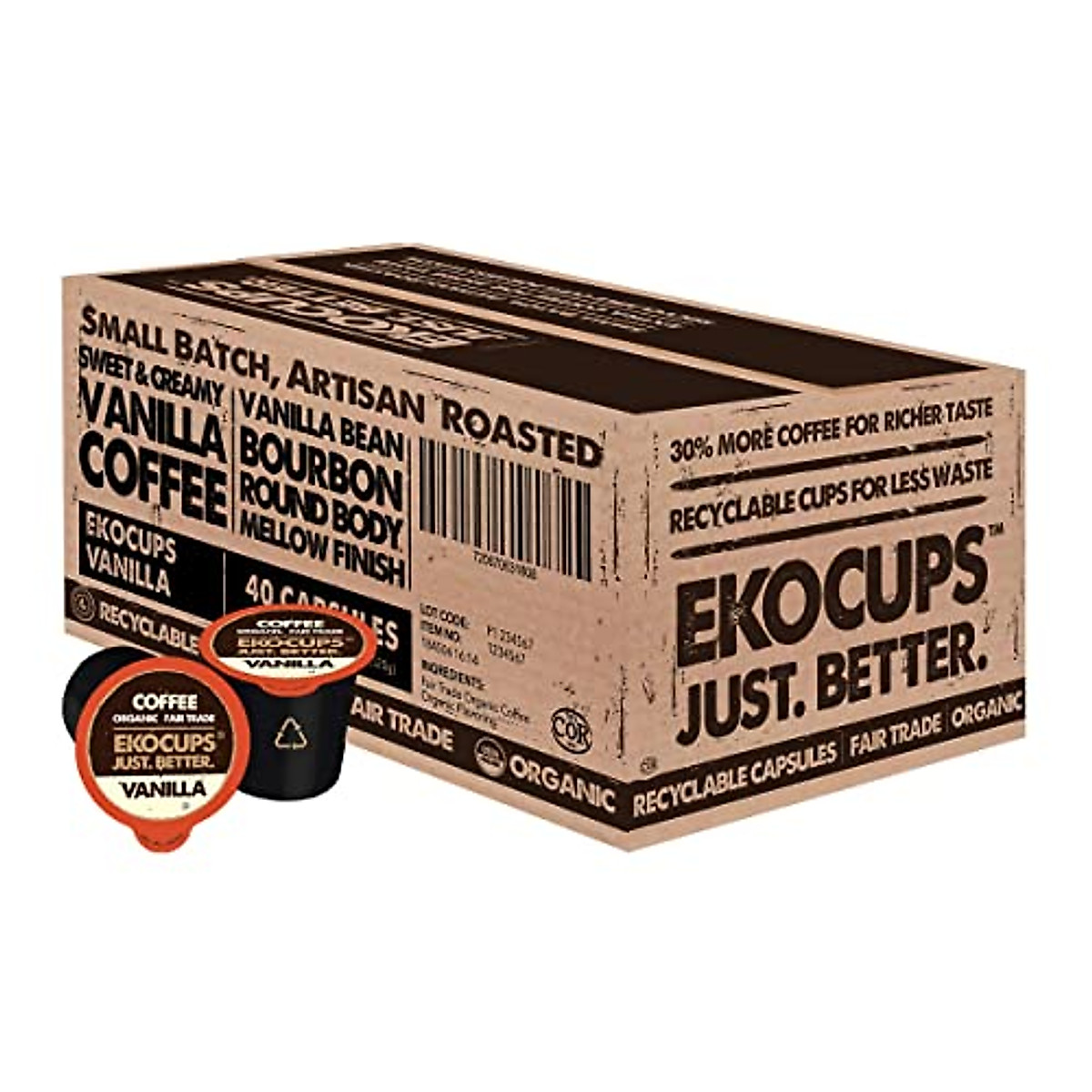 EKOCUPS Artisan Organic Vanilla Flavored Hot or Iced Coffee, Medium roast, in Recyclable Single Serve Cups for the Keurig K Cup Brew, 10 Count (Pack of 4)