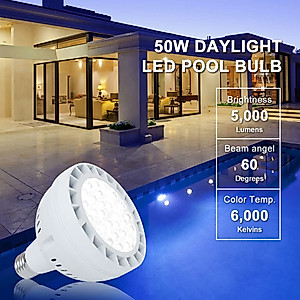LED Pool Light for Inground Pool, 12V 50W 5000LM Daylight White Swimming Pool LED Light Bulb Replacement for 300~800W Traditional Bulb, Fit in for Pentair and Hayward Pool Light Fixtures