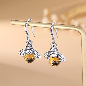SLUYNZ 925 Sterling Silver Queen Bee Dangle Earrings for Women Mother's Day Gifts Crystal Bee Drop Earrings (A-Silver)