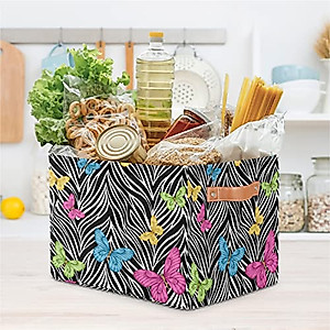 Large Collapsible Storage Bins ,Butterfly Zebra Pattern Decorative Canvas Fabric Storage Boxes Organizer with Handles，Rectangular Baskets Bin for Home Shelves Closet Nursery Gifts