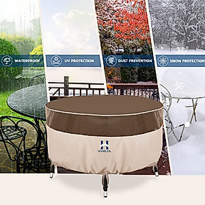 HAMLER Round Outdoor Table Cover, Heavy Duty Outdoor Table Chair Set Covers with Air Vents and Handles, Patio Table Cover Fits up to 110" D x 27.5" H, Brown & Beige