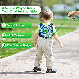 4 in 1 Toddler Harness Leash for Walking+Baby Anti Lost Wrist Link, Cute Dinosaur Child Safety Harness, Walking Wristband Assistant Strap Belt for Toddlers, Babies & Kids (Green)
