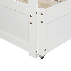 Bed Frame, Wooden Mattress Foundation with Roll Out Trundle Accommodate, Sofa Bed-Frame,Easy Assembly,White