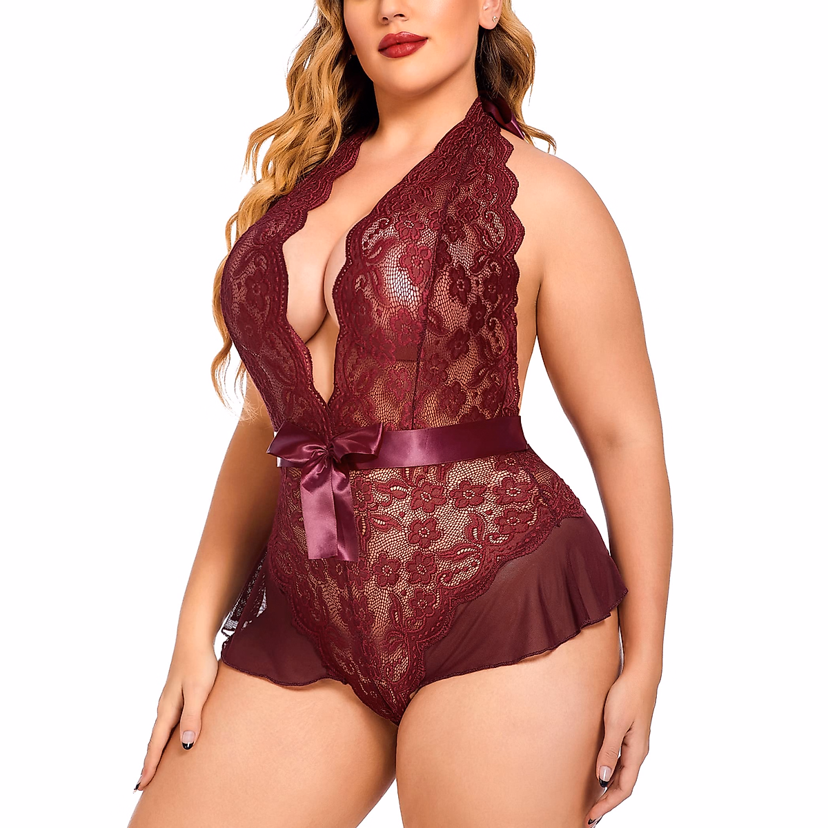 Avidlove Women's Plus Size Lace Babydoll Bodysuit One Piece Lingerie Sexy Halter Teddy Dark Red 18 Plus