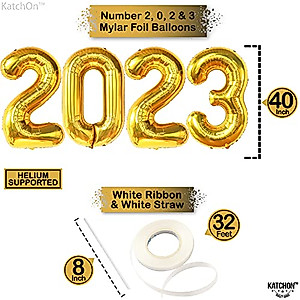 KatchOn, Graduation Balloons 2023 Set - Big 40 Inch, Pack of 43 | Gold 2023 Balloons Graduation, Pompoms and Hanging Swirls | Black and Gold Graduation Party Decorations 2023, Prom Decorations 2023