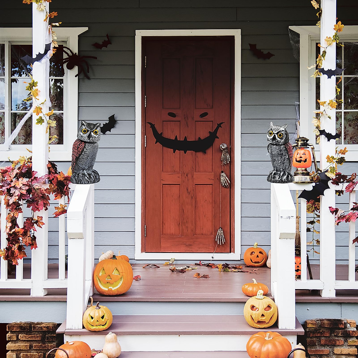 SETCADE Owl Decoy to Scare Birds Squirrels Away, Rotating Head Plastic Fake Garden Owl Statue, Halloween Decorations Outdoor, Owl Scarecrow Bird Deterrents for Outside Garden Orchard Courtyard 2 Pack