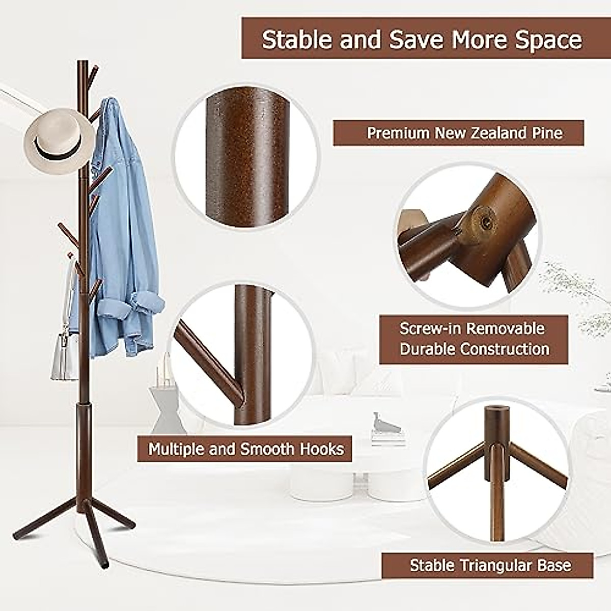 Azaeahom Coat Rack Freestanding with 8 Hooks 3 Adjustable Height Coat Racks Stand Clothing Hanger Stand Wooden Coat Tree Easy Assembly for Entryway, Bedroom, Hallway, Dormitory,Office Cherry