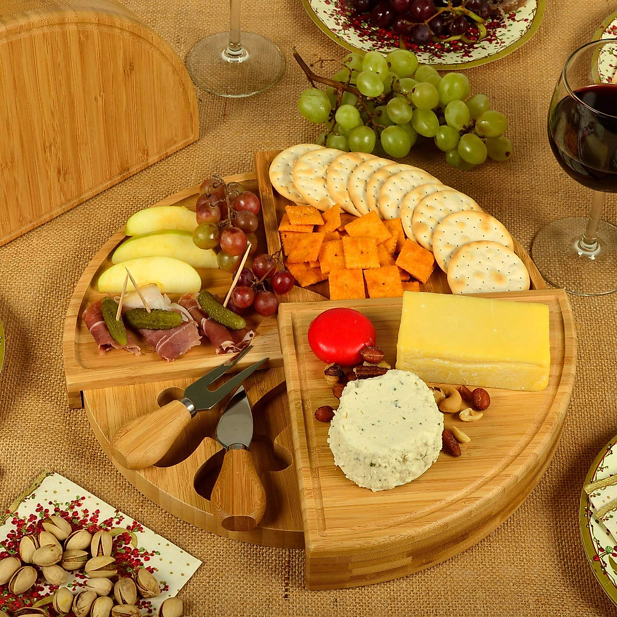 Picnic at Ascot Patented Personalized Monogrammed Engraved Bamboo Cheese/Charcuterie Board with Cheese Knives- Designed & Quality Checked in The USA