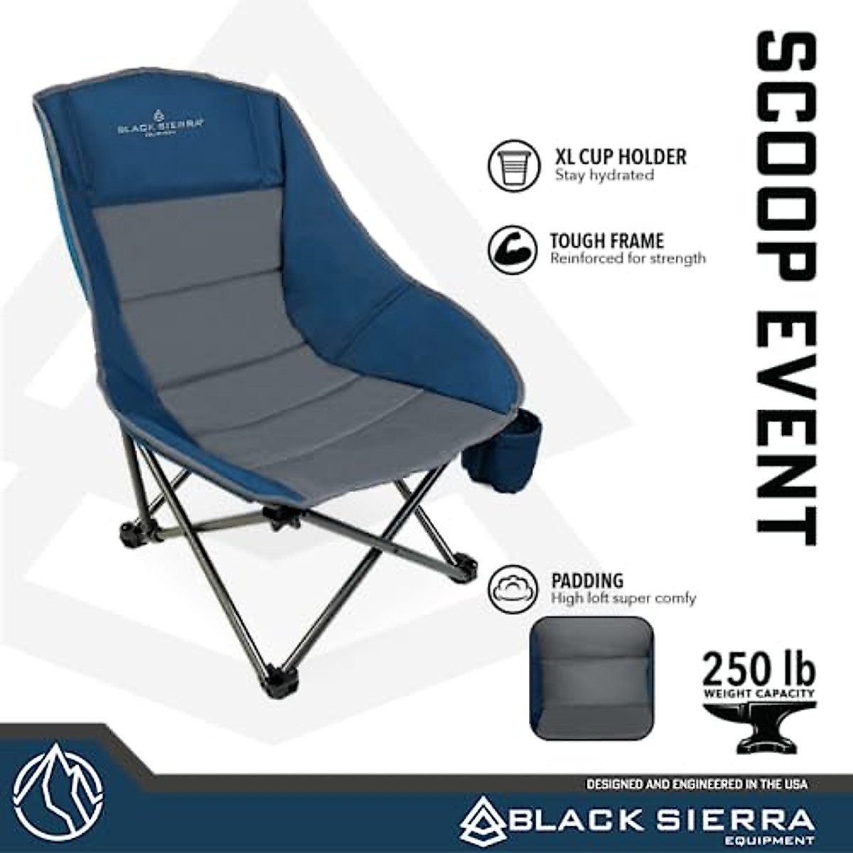 Black Sierra Deluxe Low Scoop Padded Camping Chair, Folding Event Chair with Cup Holder and Carrybag, Outdoor Portable Beach Chair Supports 250 Lbs, Event Chair, Camping Chair, Beach Chair