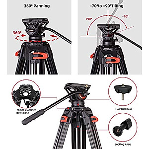 Heavy Duty Tripod, Camera Video Tripod with Fluid Head Aluminum Twin Tube 74.4 inch, Max Loading 17.6 LBS, for Canon Nikon Sony DSLR Camcorder Camera