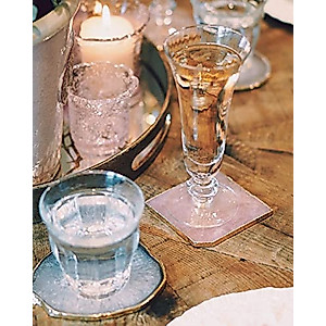 Rose Quartz Decor Coaster, Natural Pink Crystal Coasters Gold Edge Set of 4 (Square 3.5''-4)