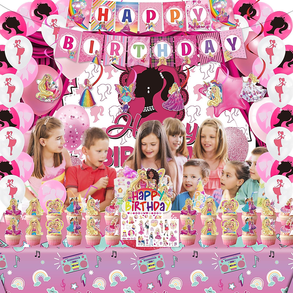 Pink Birthday Party Supplies, 60 Pcs Barbii Birthday Party Decorations Include Banners, Cake Topper,Cupcake Topper,Latex Balloon,Backdrop, Tablewares, Temporary Tattoo Stickers for Girls