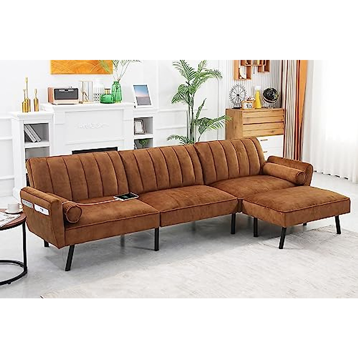 DURASPACE Velvet Sectional Convertible Sofa with Chaise, 107" L Shape Sectional Sofa Couch with USB, Split Back Folding Futon Couch for Living Room (Caramel Brown)