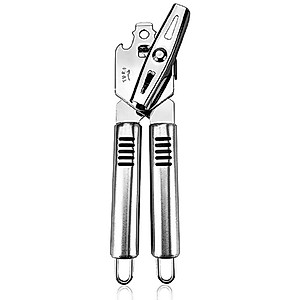 Stainless Steel Can Opener Manual Food-safe Good Grips with Built-in Bottle Opener Smooth Edge Stainless Steel Sharp Blade Safe Cover for Beer/Tin/Bottle, Food Grade-Silver