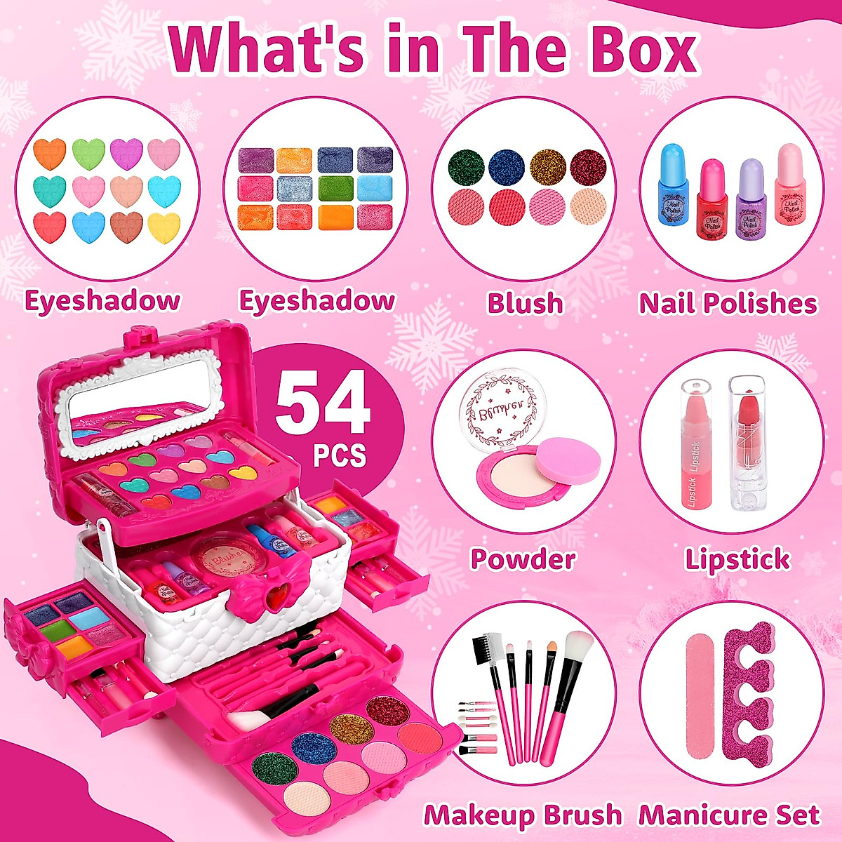 Aureyung Kids Makeup Kit for Girl, Toys for Girls Ages 3 4 5 6 7 8 9 10, 54PCS Washable Real Makeup Set, Kids Make Up, Play Makeup Little Girls Makeup Kit for Toddler, Ideal Christmas Birthday Gifts