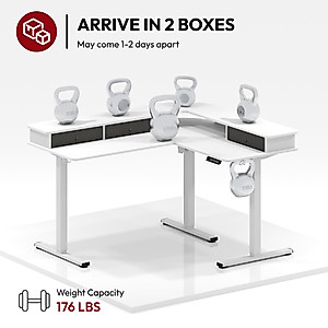 SANODESK 55" L Shaped Standing Desk with 3 Drawers, Height Adjustable Stand up Desk, Corner Gaming Desk with Monitor Stand, White Frame/White Top