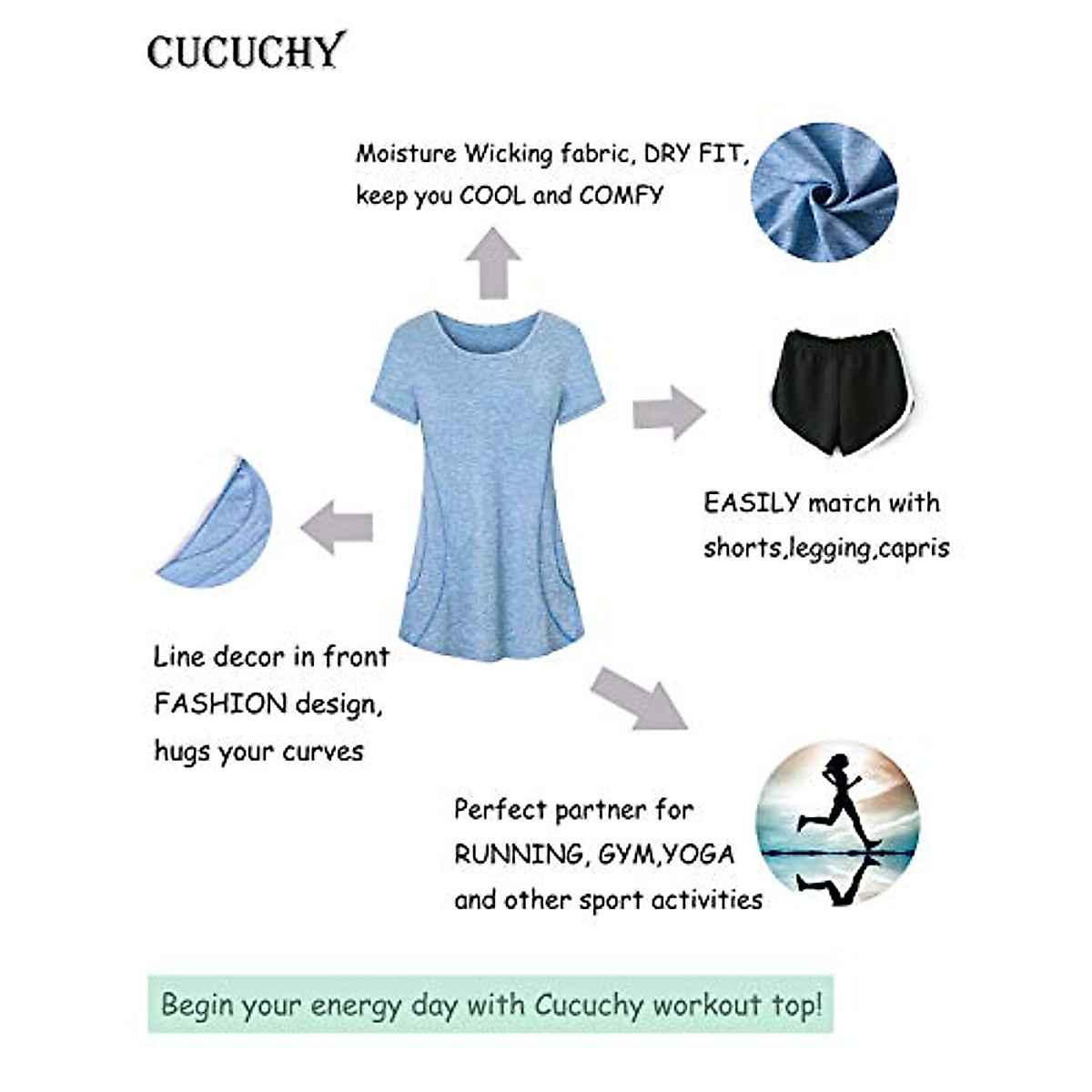 Cucuchy Yoga Outfit Women, Workout Clothing Petite Fitness Gym Top Basic Short Sleeve Round Neck Shirt Breathable Lightweight Tops Comfortable Quick Dry Clothes Training Jersey Shirts Blue M