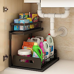 Under Sink Organizers and Storage, Double Sliding Pull Out cabinet organizer for Bathroom Organization and Storage 2 Tier Kitchen Sink Organizer Under Cabinet Storage Organizer with Slide Drawers
