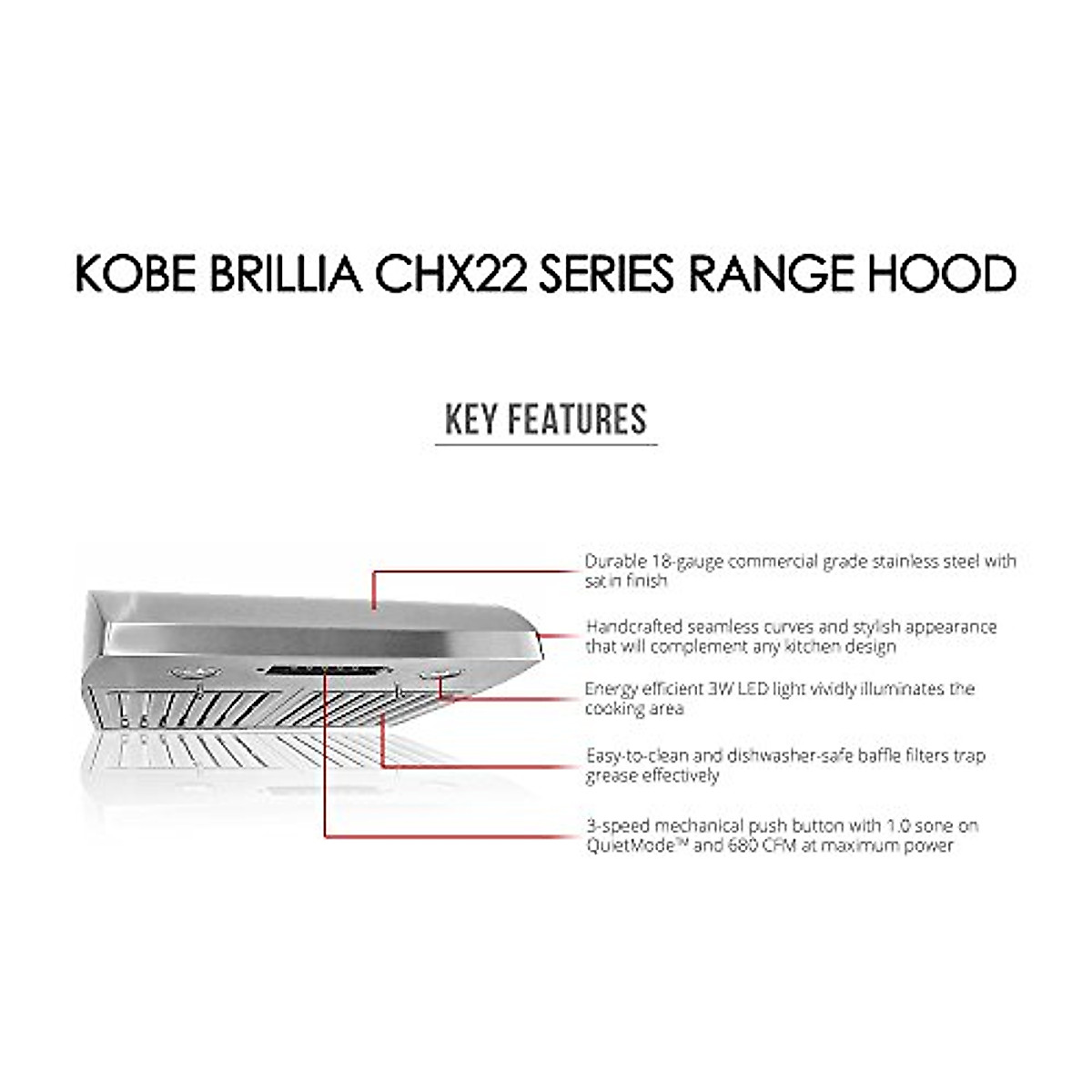 KOBE CHX2230SQB-1 Brillia 30-inch Under Cabinet Range Hood, 3-Speed, 680 CFM, LED Lights, Baffle Filters, Stainless Steel