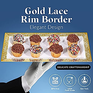 Disposable Serving Trays and Platters Set, Pack of 4 - 7.5 x 14 Inches White Plastic Rectangular Tray with Gold Lace Rim - Decorative Plastic Dessert Trays for Dessert Table, Parties, Weddings