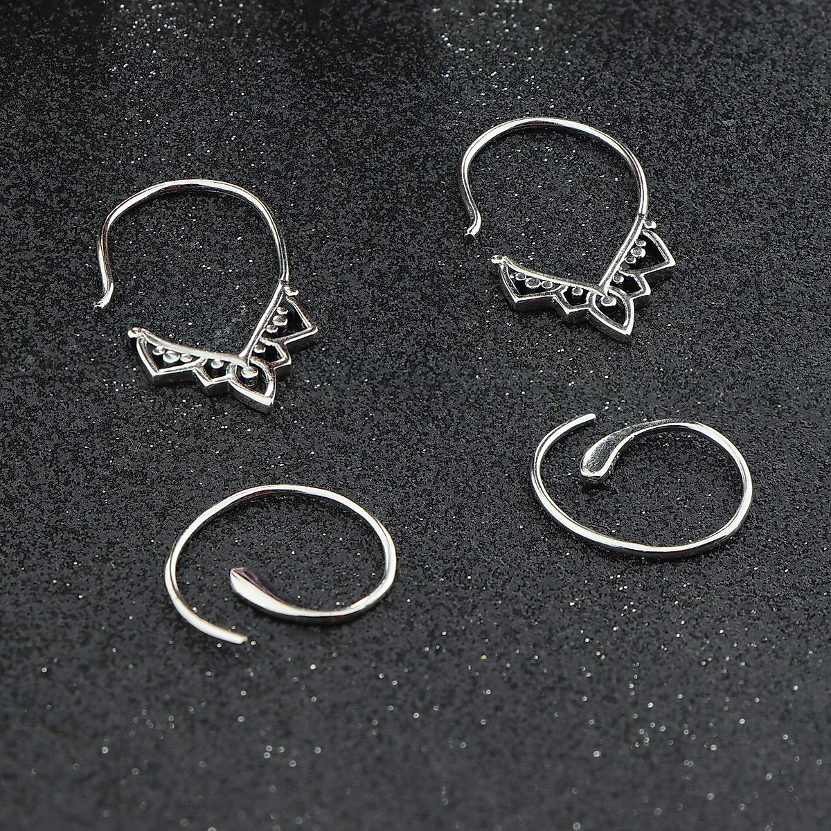 Milacolato 2Pairs S925 Sterling Silver Hoop Earrings 14K White Gold Plated Balinese Tribal Pull Through Hoop Earrings Dangle Boho Earrings Set for Women Trendy Fashion Jewelry