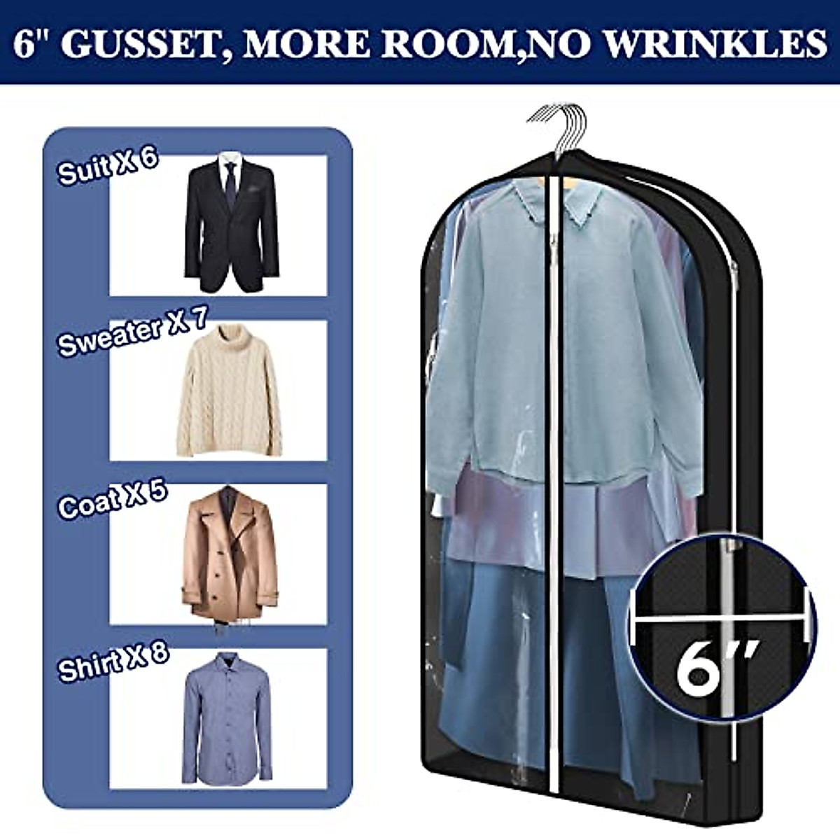 TREONYIA 39" Garment Bags with 6" Zipper Gusset, Clear Suit Bags for Closet Storage, Travel, Hanging Clothes Storage for Coats Sweaters Shirts- Gray (40"-3Pack, Black)
