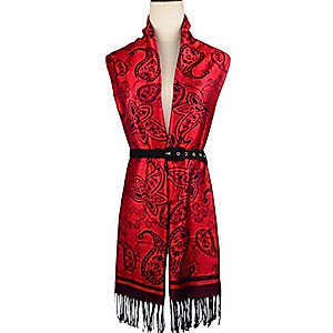 Iristide Women's Pashmina Shawl Paisley Pattern Scarf Tassels Wrap Colorful Ethnic (2005-Red &Black)