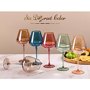 Physkoa Colored Wine Glasses Set 6-18oz HandBlown Multicolor Wine Glasses With Long Stem&Large Bowl,Stemmed Colorful Stemware,Mothers Day Gifts