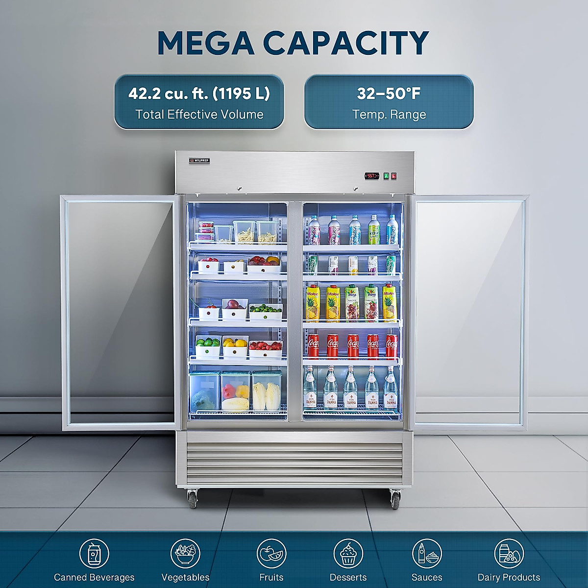 Wilprep Commercial Refrigerator, 54" 2 Glass Door Display Refrigerator with 42.2 cu. ft. Capacity, Reach in Merchandise Fridge Stainless Steel Beverage Cooler with Adjustable Shelves for Restaurant