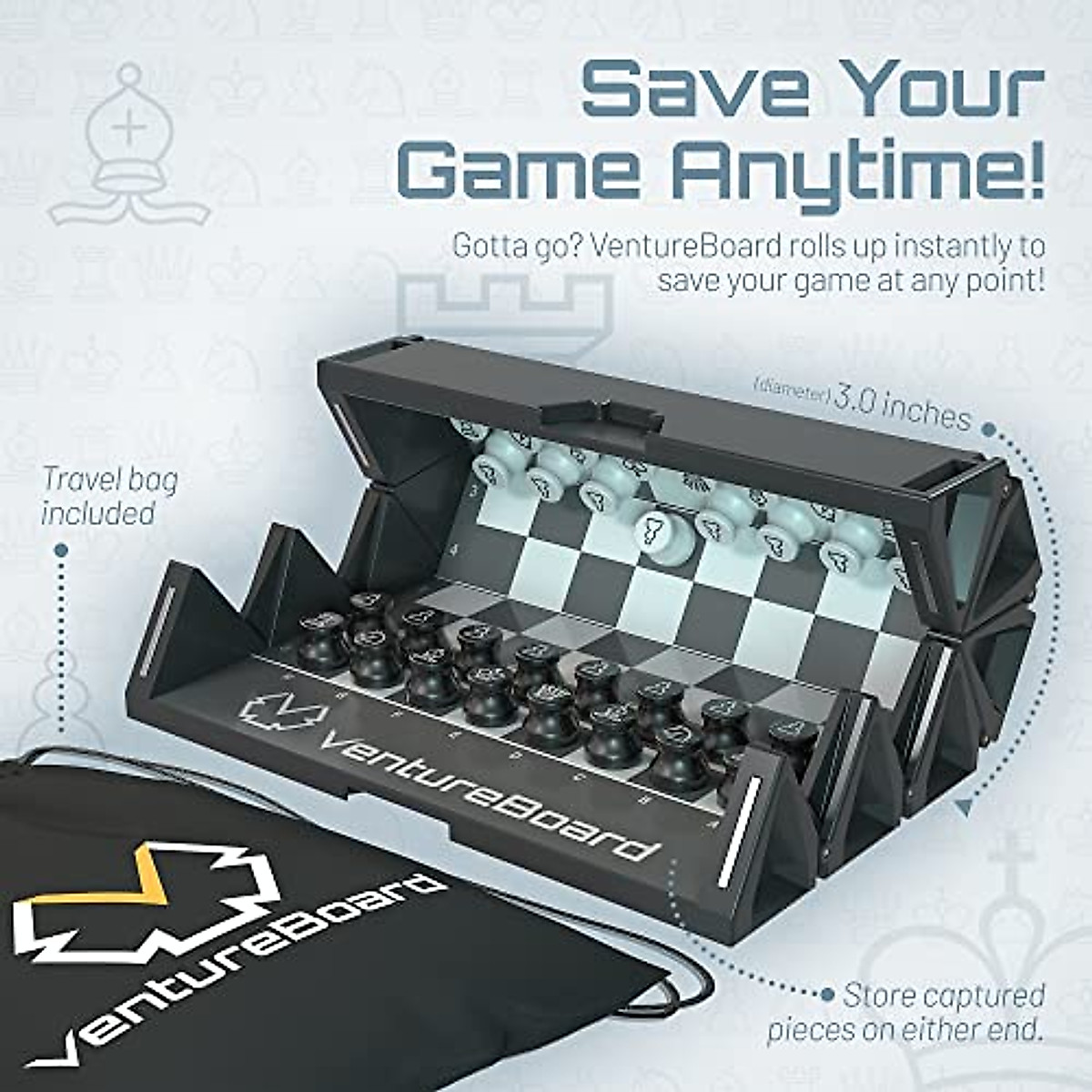 VENTUREBOARD 6 Inches Magnetic Unique Chess Set Board Game - 2 Extra Queens - Folding Board, Portable Travel Chess Board Game Pieces - Black/Grey