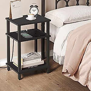 TUTOTAK End Table with Charging Station, Side Table with USB Ports and Outlets, Nightstand, 3-Tier Storage Shelf, Sofa Table for Small Space TB01BK042