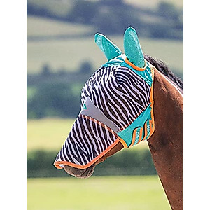 Shires Horse Equine Fly Mask with Ears and Zip Off Nose UV Protection Zebra (Cob)