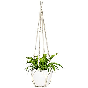 Mkono 43 Inch Macrame Plant Hanger Large for up to 12 Inch Pot Extra Long Hanging Plant Holder No Tassels Hanging Planter Basket with Wood Beads for Indoor Outdoor Boho Home Decor, Ivory