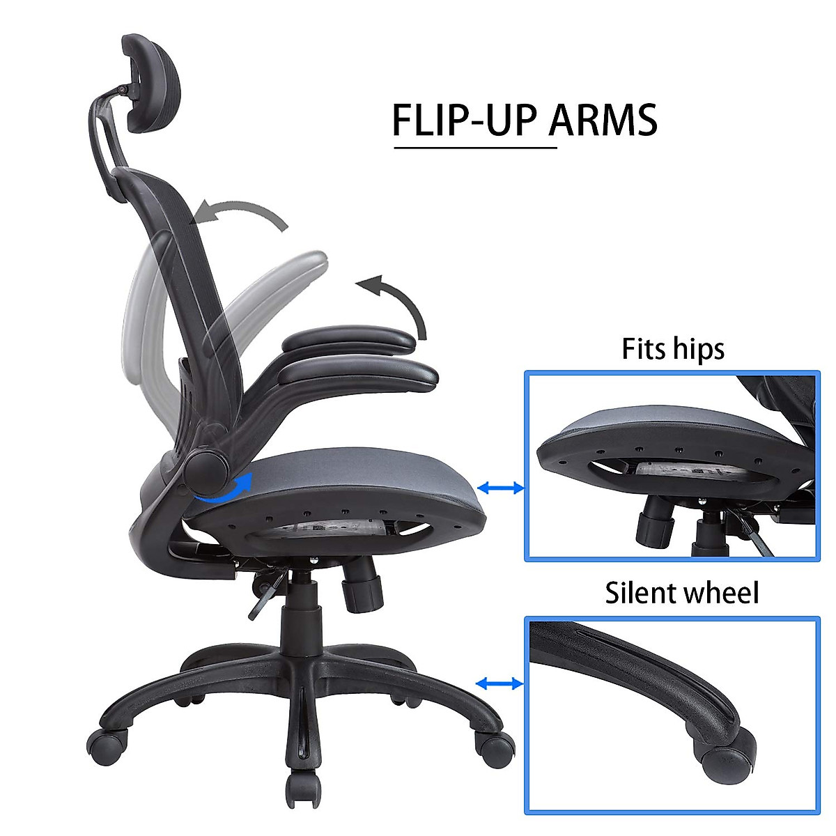 HCB Office Chair Desk Chair High Back Mesh Chair Ergonomic Computer Chairs with Adjustable Headrest Flip Up Arms Backrest Lumbar Support 360 Degree Rolling Swivel for Adults Men and Women (Black)