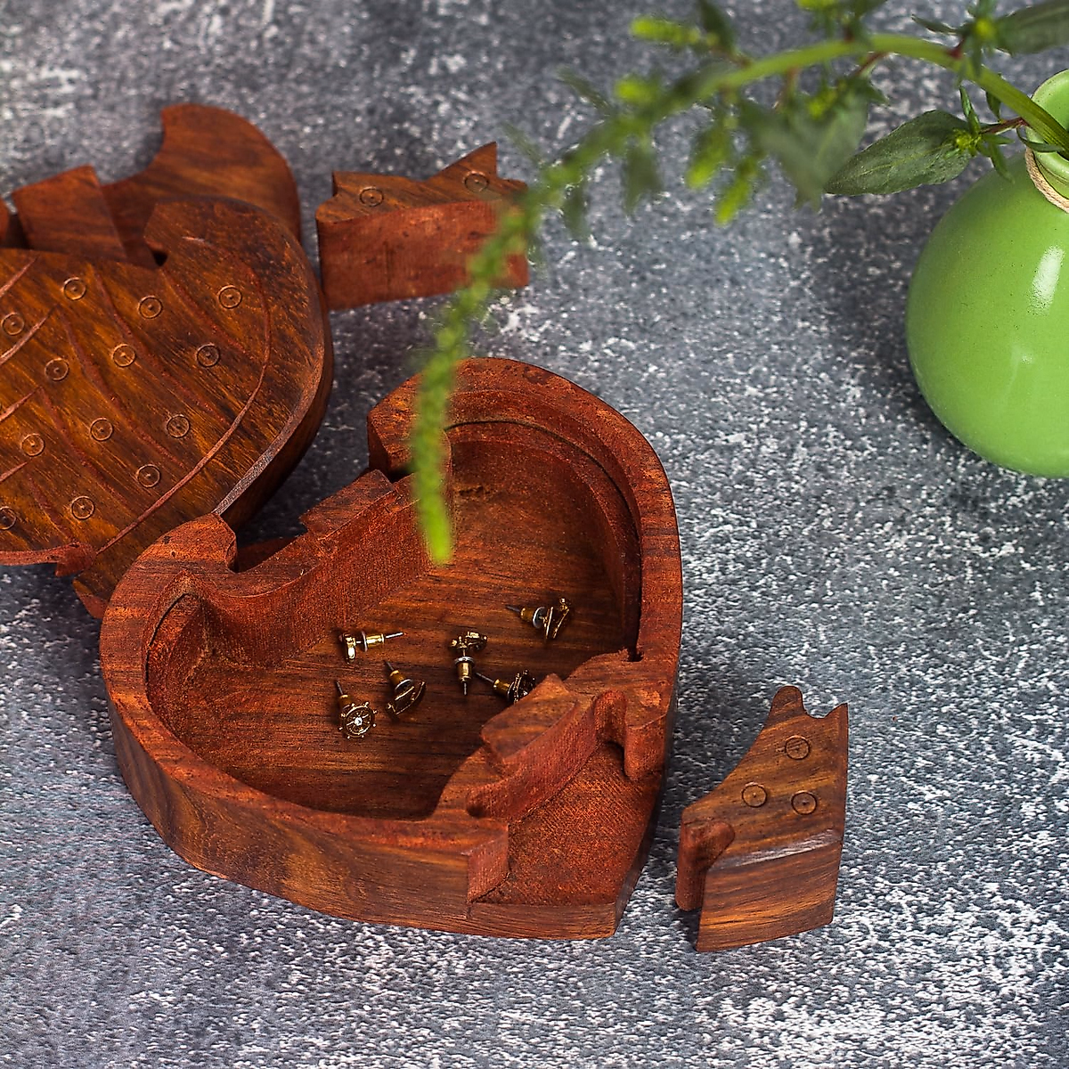 Lify All Natural Exotic Woods Puzzle Box, with Sliding Wooden Key Lock, Sliding Cover and Inner Lid to Hidden Compartment. Hand-made Wood Onlay Design on Lid.- 1 Piece (Heart (Double Open))