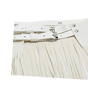 KKmeter Women's Faux Leather Waistband Fringe Tassel Skirt Hippie Boho High Waist Adjustable Double Waist Belt Skirt Clubwear (White)