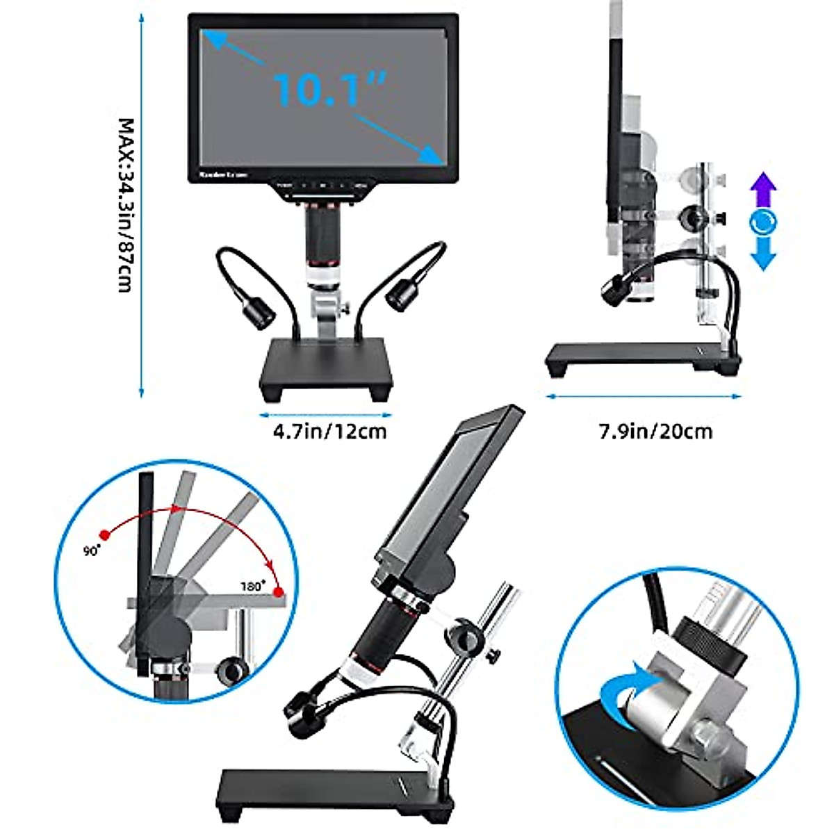 Soldering Microscope, 10.1-inch LCD Digital Microscope Coin Microscope, Compatible with Windows/OS/TV, Supports 1080P Video Record, HDMI Digital Microscope for Adults with Station, 32GB TF Card