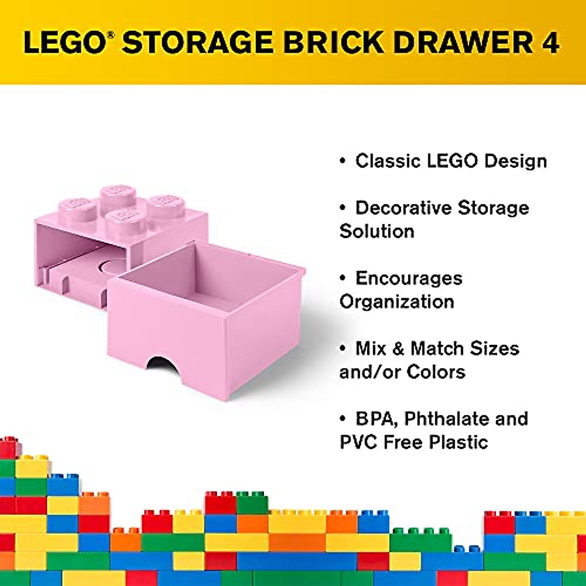 Room Copenhagen LEGO Brick Drawer, 4 Knobs, 1 Drawer, Stackable Storage Box, Light Pink