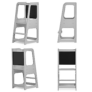 Dream On Me Explora Tower & Step Stool in Pebble Grey, Anti-Slip Base, Multipurpose Kids Step Stool, 3 Platform Heights, Chalkable Black Board