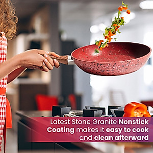 CopperKitchen 10 Inch Frying Pan with Special Lid - Deluxe Copper Granite Stone Coating - PFOA PFOS PTFE Free - Premium Nonstick Scratch Proof Coating - Comes with Special Lid, Red