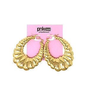 Pnk Trend Gold Plated Scalloped Hoop Earrings for Women-Oval Shaped Shrimp Puffy Hollow Hoop Door Knocker Pin-catch Earrings 50 mm/ 2 inch with Jewelry Box