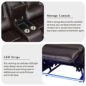 Modern Manual Reclining Motion Corner Sectional Sofa ,5 Seaters PU Leather Recliner Sofa & Couch Curved L-Shaped Couch W/ LED Strip, Console Storage and 2 Cup Holders for Living Room Furniture Sets