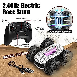 TRIPLEFINE Remote Control Car for Kids 8-12, 360°Rotating with 2 Batteries, Double-Sided RC Car Stunt Car Toy, 2.4Ghz Remote Control with LED Lights and Headlights