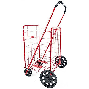 ATH Large Deluxe Rolling Utility / Shopping Cart - Stowable Folding Heavy Duty Cart with Rubber Wheels For Haul Laundry, Groceries, Toys, Sports Equipment, Red