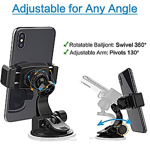 APPS2Car Suction Cup Phone Holder for Car with Adjustable Arm, Low Profile Dashboard Phone Mount Compact Windshield Window Dash Mobile Stand Compatible w/All iPhone and Android Cell Phones