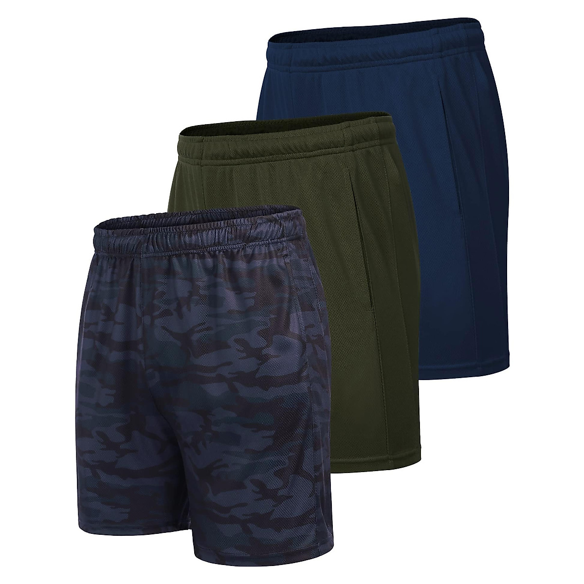 COOFANDY Men's Running Shorts 3 Pack Quick Dry Athletic Workout Gym Shorts with Pockets,Black Camo/Army Green/Navy Blue,Large